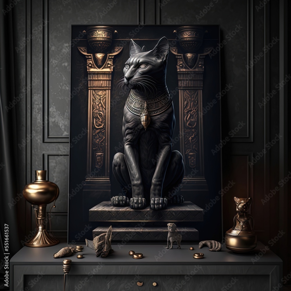 Ancient Egyptian black cat with golden ornaments. Statuette in black interior, podium. Ancient ...