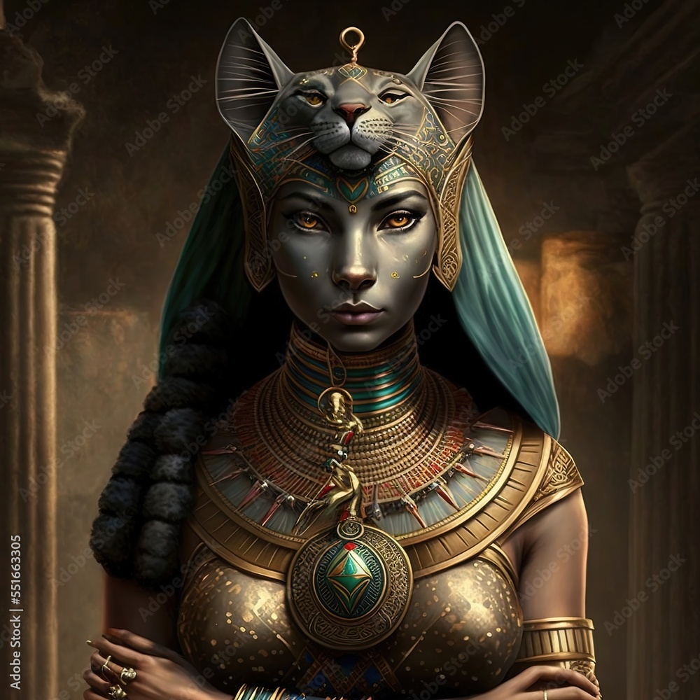 Ancient Egyptian goddess Bastet. Ancient Egyptian catwoman with gold jewelry. AI Stock ...