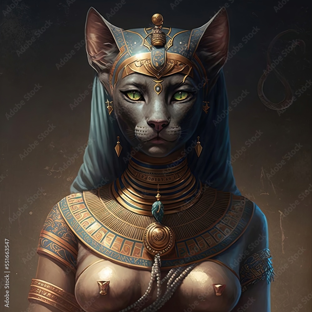 Ancient Egyptian goddess Bastet. Ancient Egyptian catwoman with gold jewelry. AI Stock ...