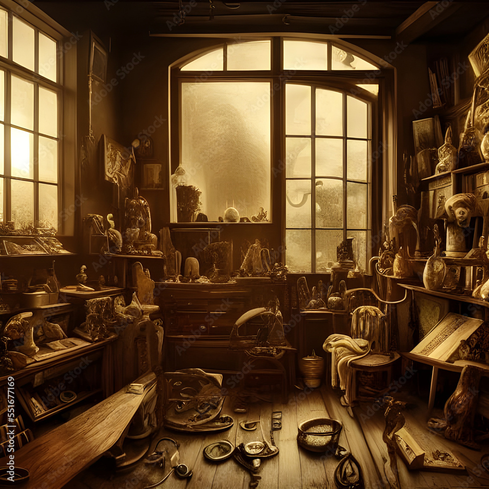 Ancient forgotten cluttered room full of old paintings and mysterious ...