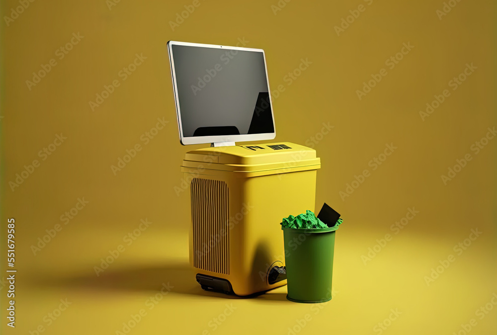 On a yellow backdrop, there is a recycle sign, a green garbage can ...