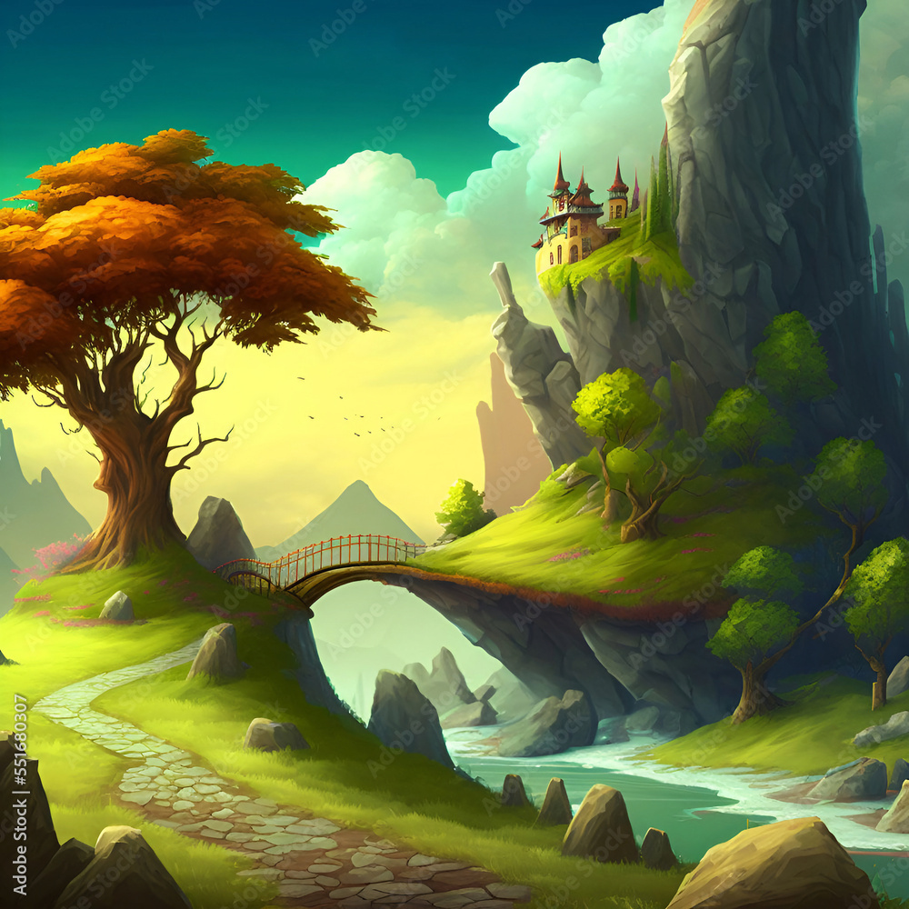 Cartoon Style Image of a Pathway Leading across a Bridge up to Fantasy ...
