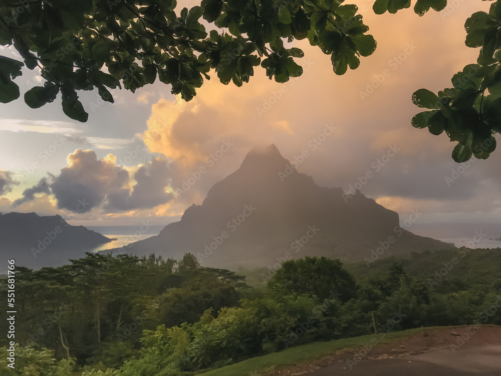 Belvedere Lookout in sunset, Moorea, Polynesia. Beautiful mountain peak ...
