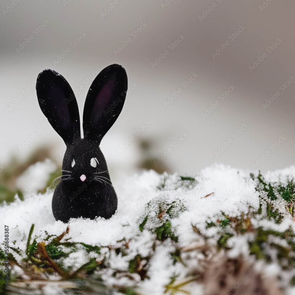 Cute black bunny in the snow. New Year symbol 2023. Artificial ...