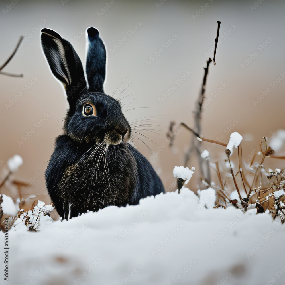 Cutty black hare in the snow in the winter forest. New Year symbol 2023 ...