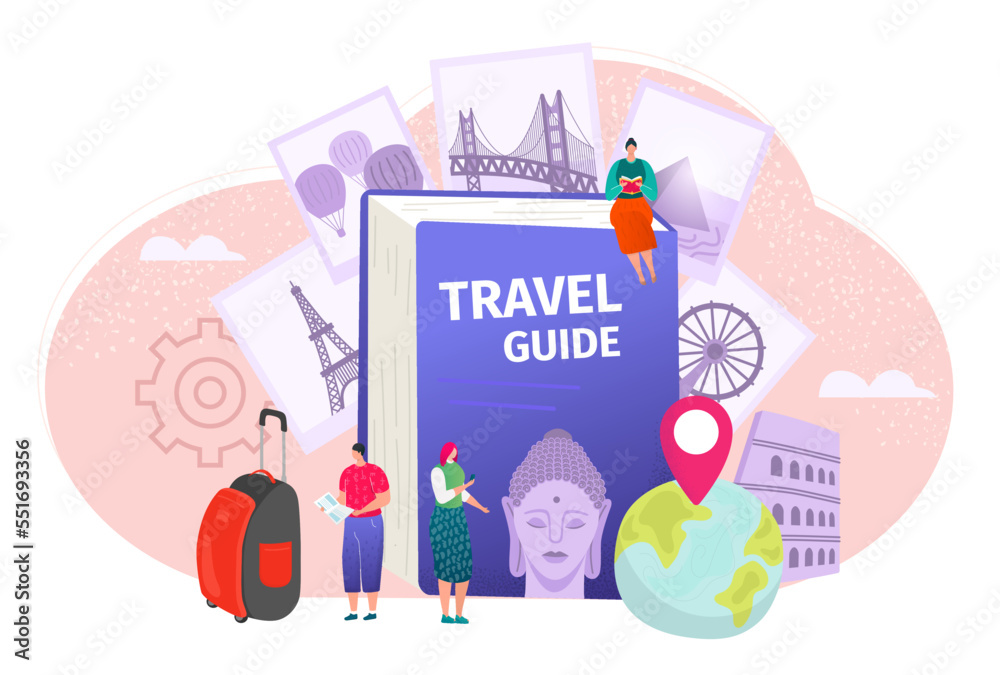 Travel guide book vector illustration. World map, travelers, luggage ...