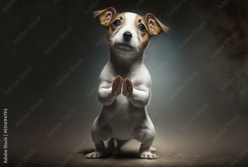 Jack Russell puppy making a prayer motion while standing on its two ...