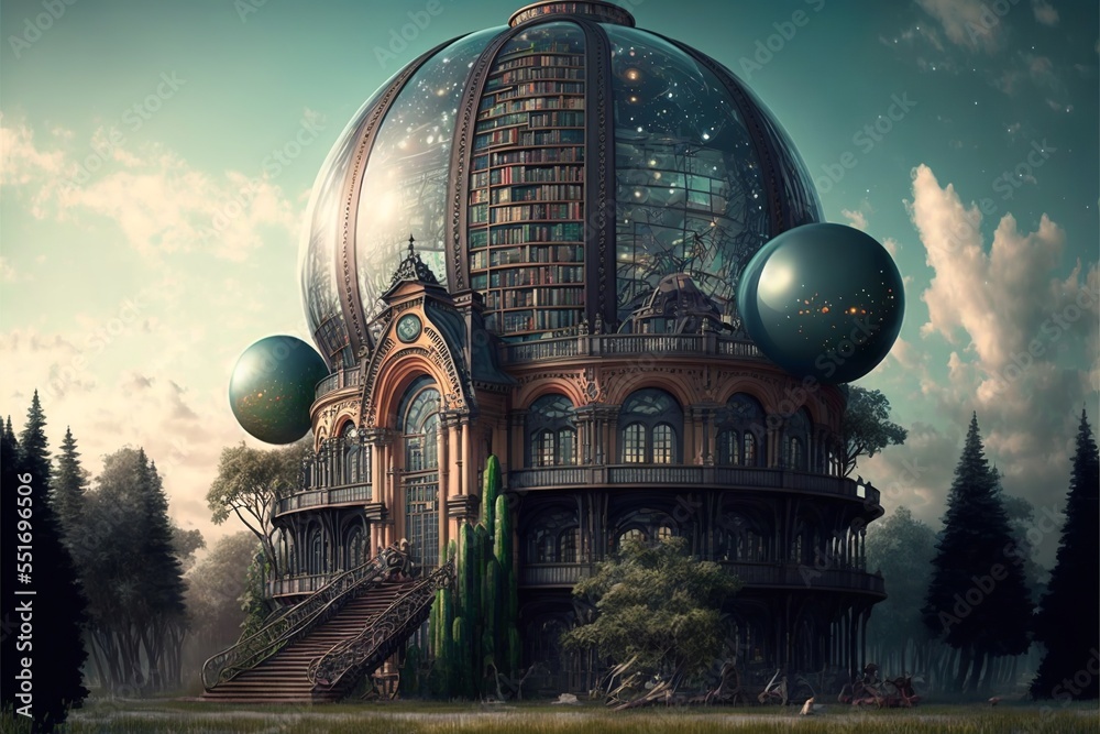 Spherical fantasy library in a glass futuristic city with endless ...