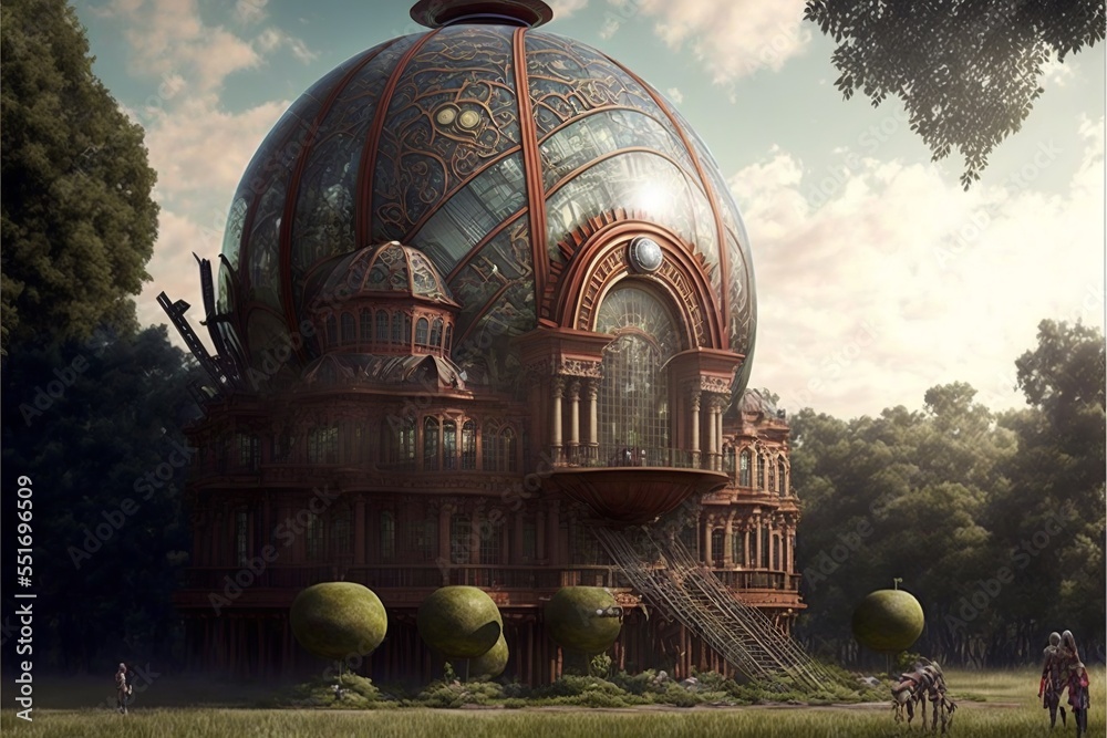Spherical fantasy library in a glass futuristic city with eternal ...