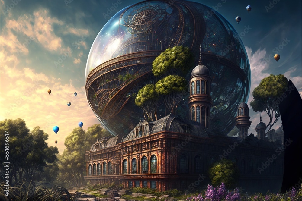 Spherical fantasy library in a glass futuristic sci-fi city with ...