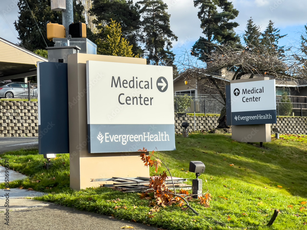 Kirkland, WA USA - circa November 2022: Wide view of a directional sign ...