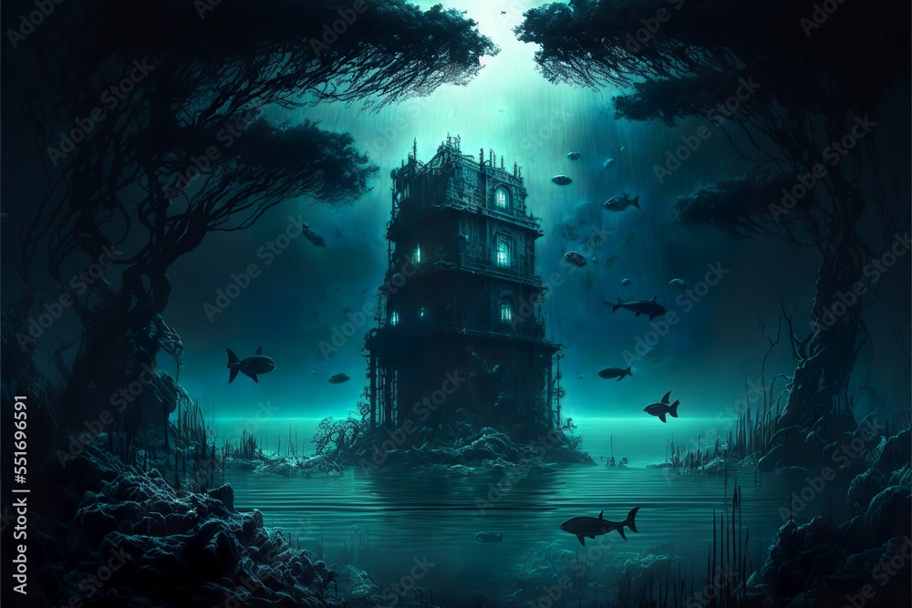 Sunken underwater building in deep sea world with fishes around in ...