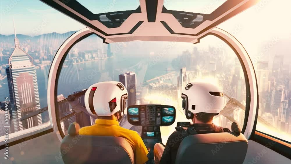 Two passengers in autopilot taxi drones flying above big city center at ...