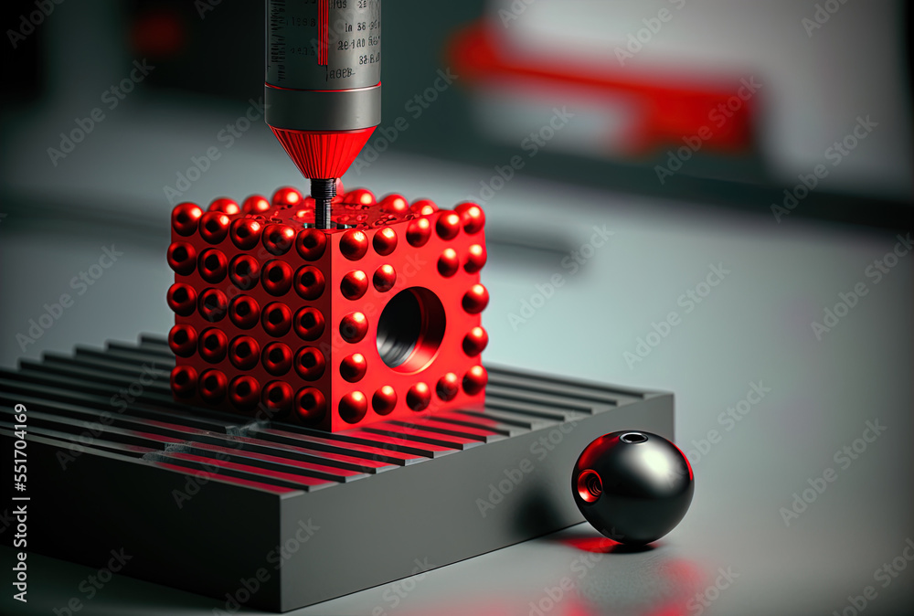 Red ball laser and a close up contemporary drill bit measuring the size ...