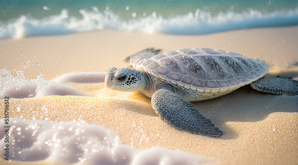 Sea Turtle on the tropical sandy beach with ocean waves. tropical ...
