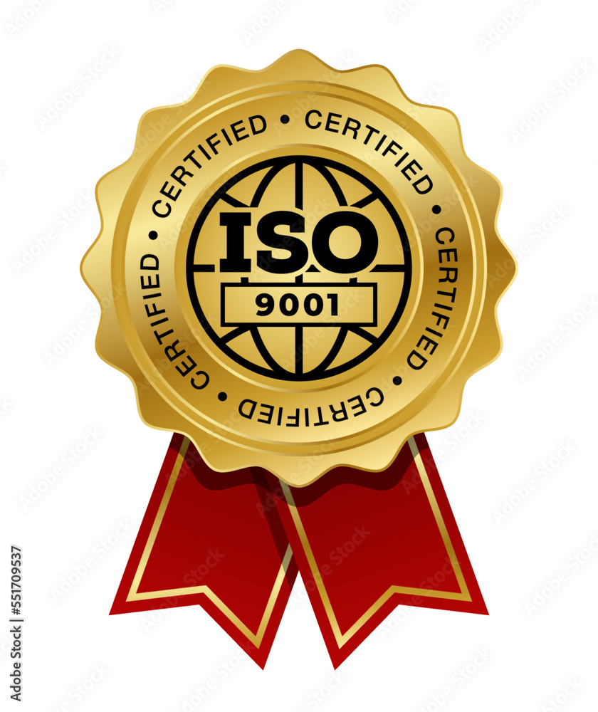 ISO 9001 Golden medal with red ribbon vector. Seal award gold. Quality management systems. QMS ...