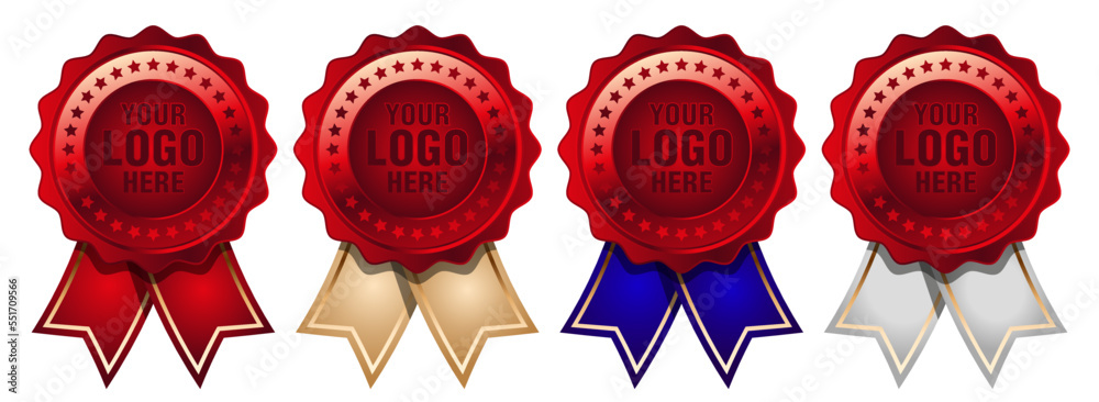 Big set red medal with color ribbon vector. Set of seal award red ...