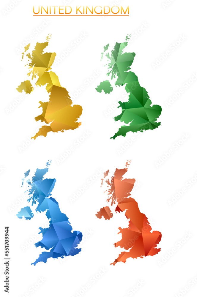 Set of vector polygonal maps of United Kingdom. Bright gradient map of ...