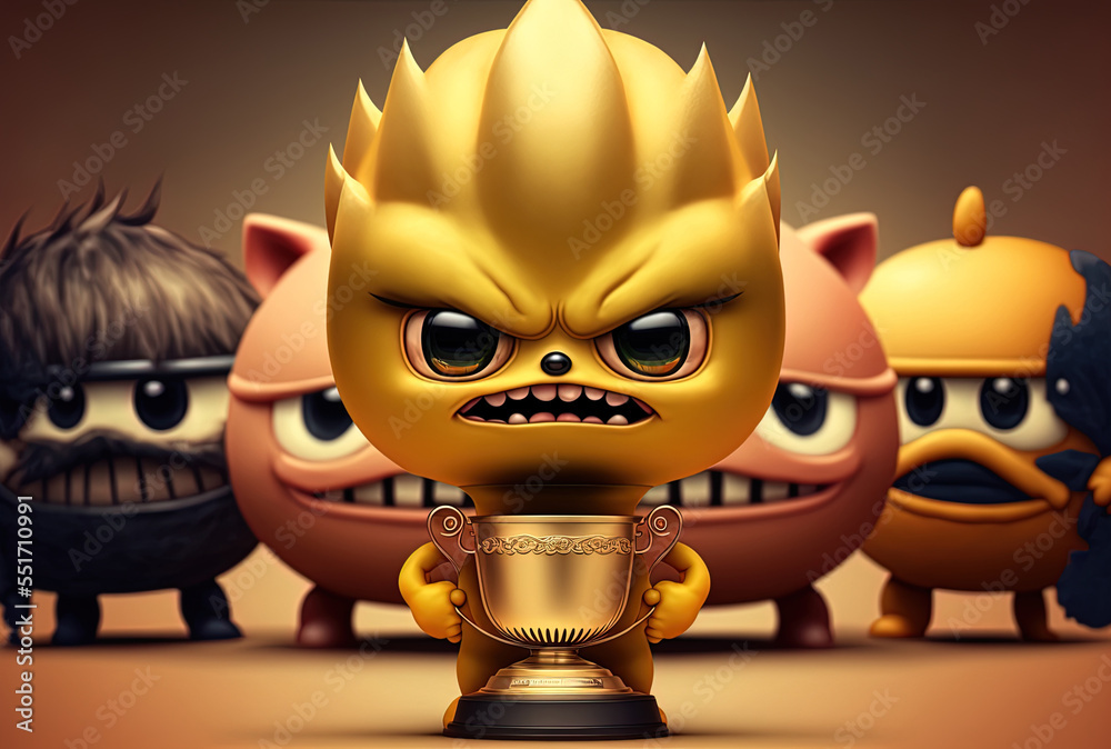 Extreme closeup of mascot character holding golden reward trophy in ...