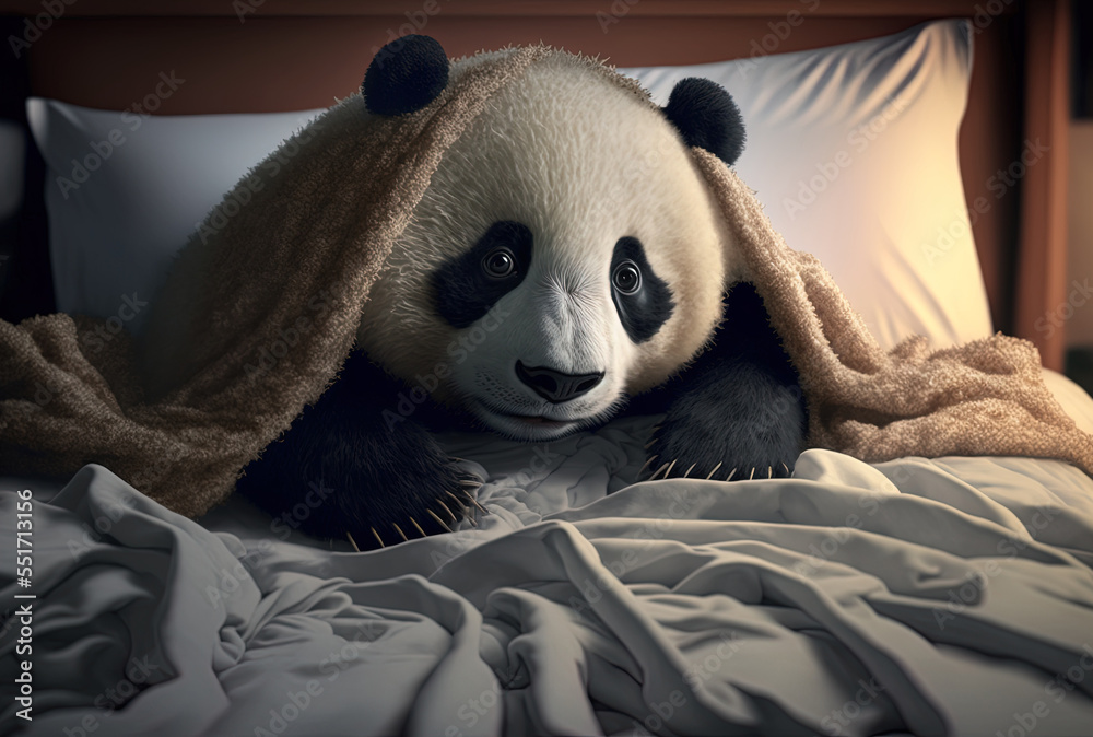 Teddy bear panda lying in bed beneath the covers and addressing the ...