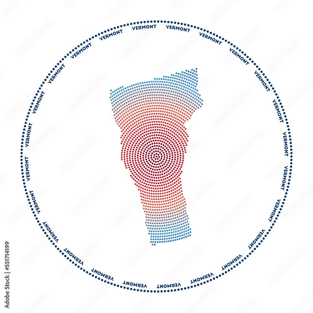 Vermont round logo. Digital style shape of Vermont in dotted circle ...