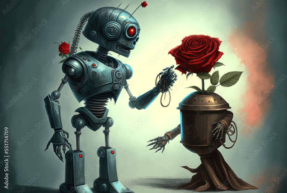 Robot presenting another robot with a red rose.. Generative AI Stock ...