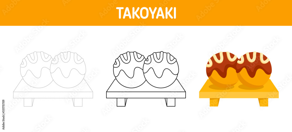 Takoyaki tracing and coloring worksheet for kids Stock Vector | Adobe Stock