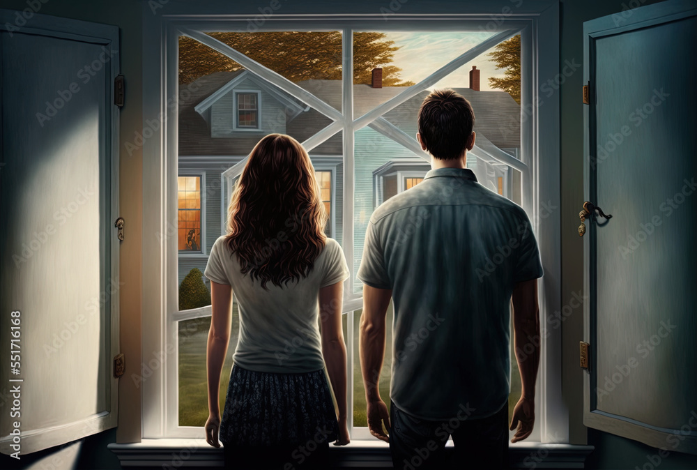Seeing through a window, a couple plans their future in a new house ...