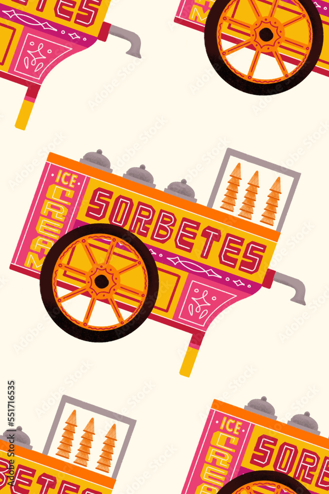 Filipino sorbetes carts side view illustrated pattern in warm colors on ...