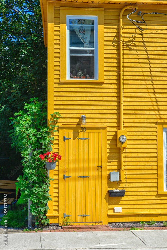 The exterior of a bright yellow wooden house with narrow wood clapboard ...