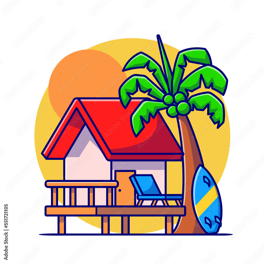 Cottage At beach With Sunset Cartoon Vector Icon Illustration. Building ...