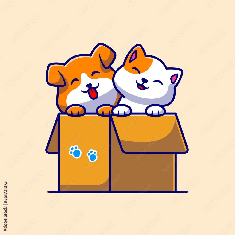 Cute Dog And Cute Cat Playing In The Box Cartoon Vector Icon ...