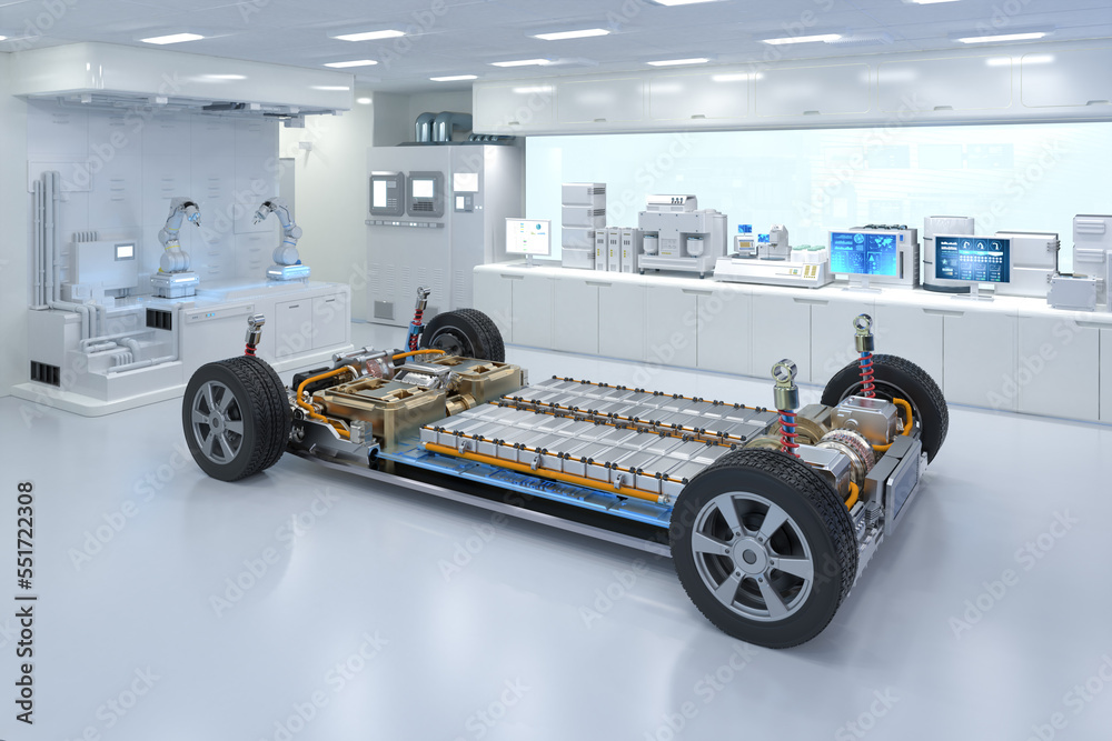 Ev car with pack of battery cells module on platform in laboratory ...