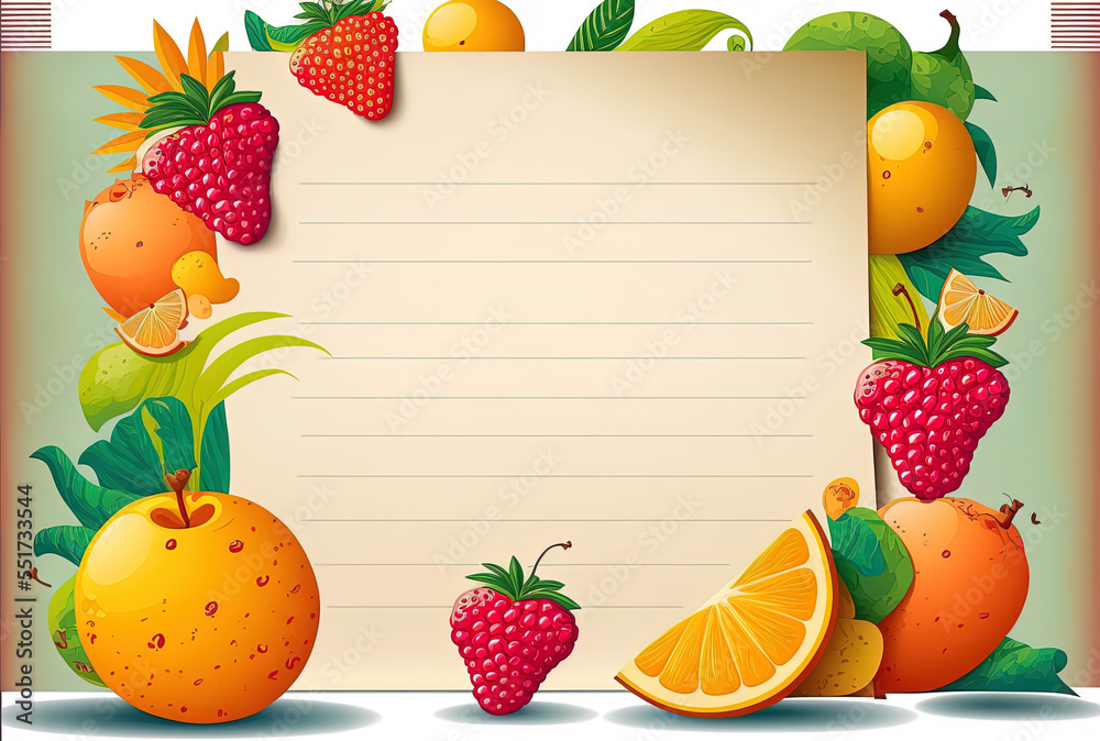 Writing paper, tropical fruit, fruit background, note page, school ...