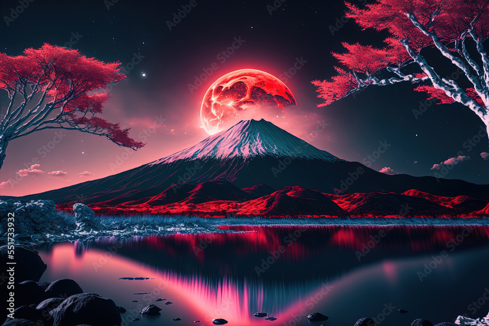 Mount Fuji and cherry blossom landscape from Kawaguchiko lake. Mount ...