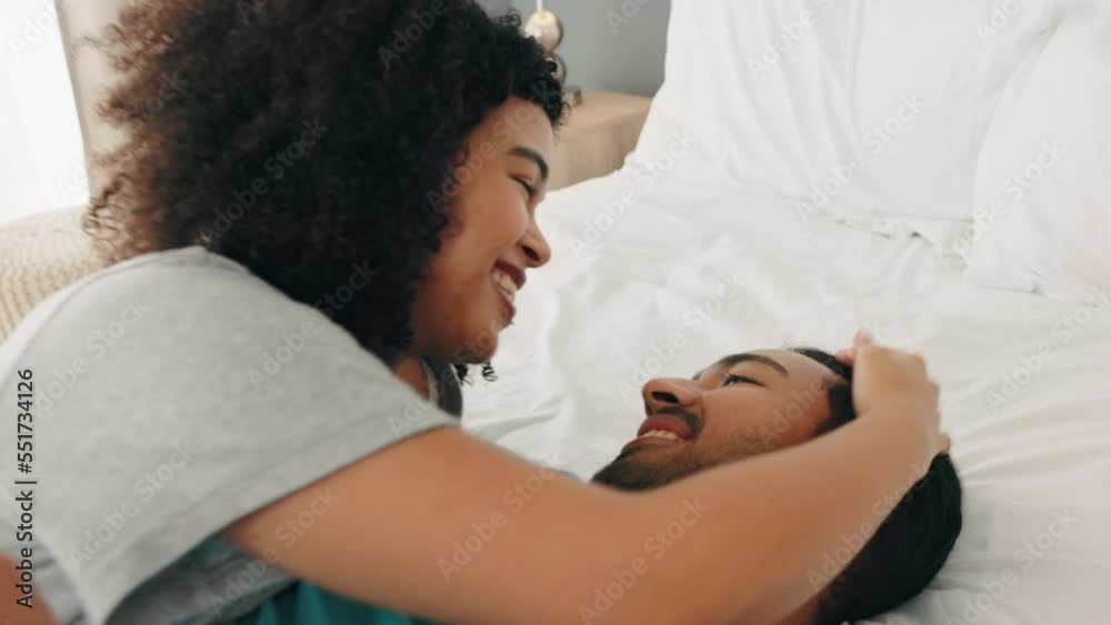 Video Stock Love, couple and hair stroke on bed in home, cuddle or ...