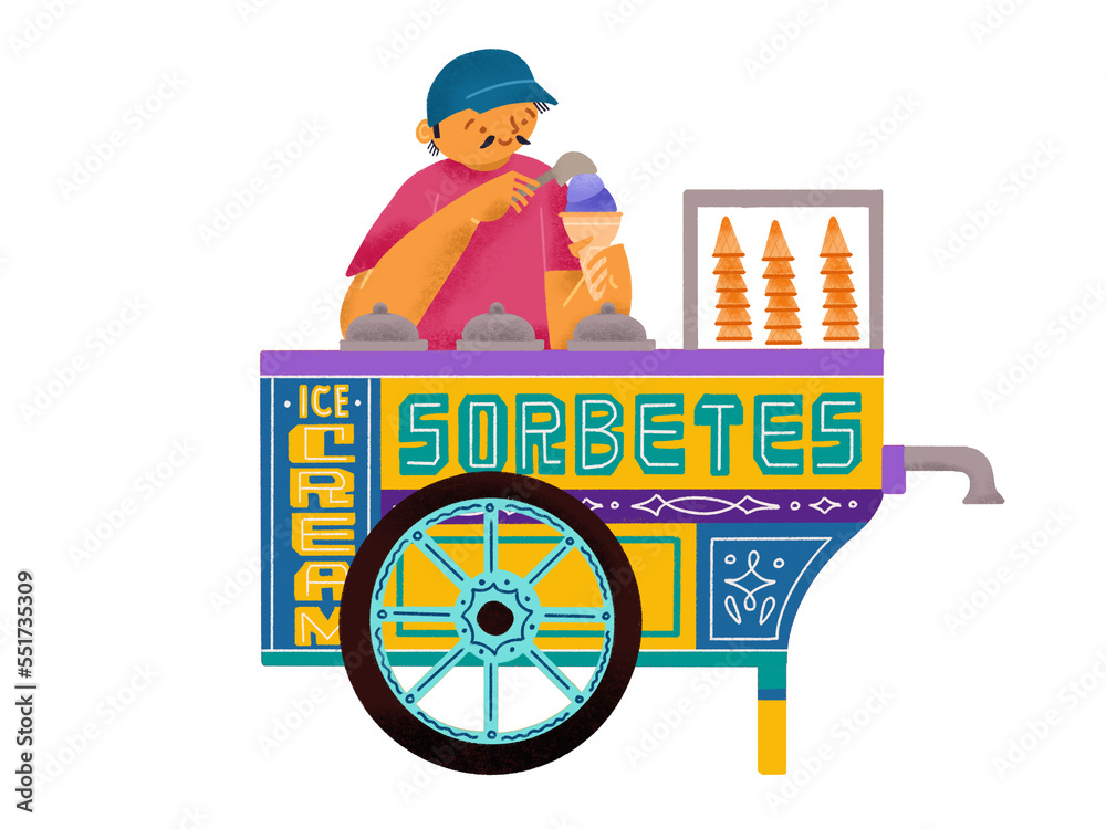 Filipino sorbetes cart side view illustration in cool colors with male ...