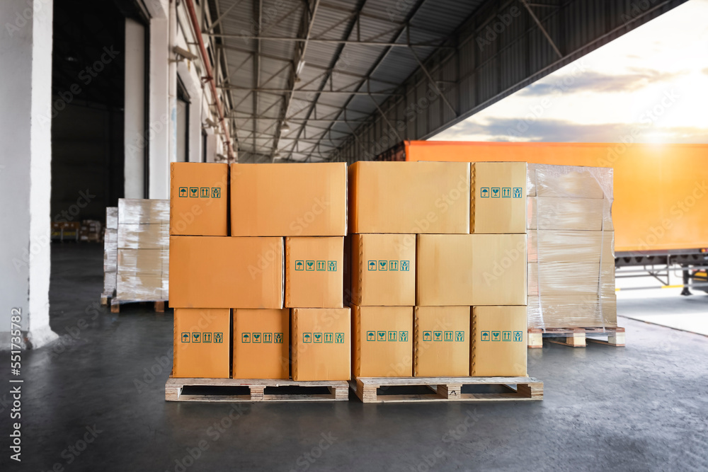 Packaging Boxes Stacked on Pallets Loading into Cargo Container ...