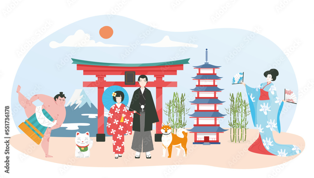 Travel japan, japanese tourist attraction object set, stereotype ...