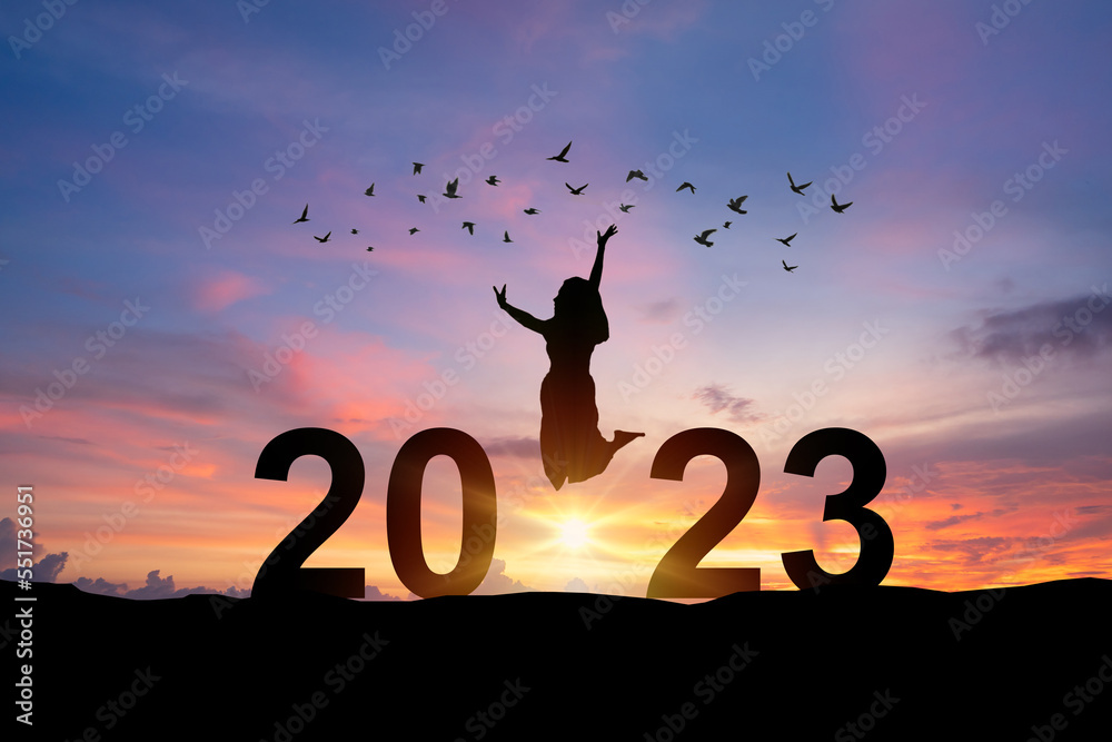 Young woman enjoying and celebrating New Year 2023 with the beautiful ...