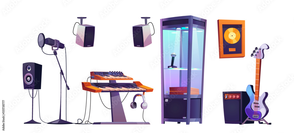 Music studio room items isolated set. Glass booth, loudspeaker ...