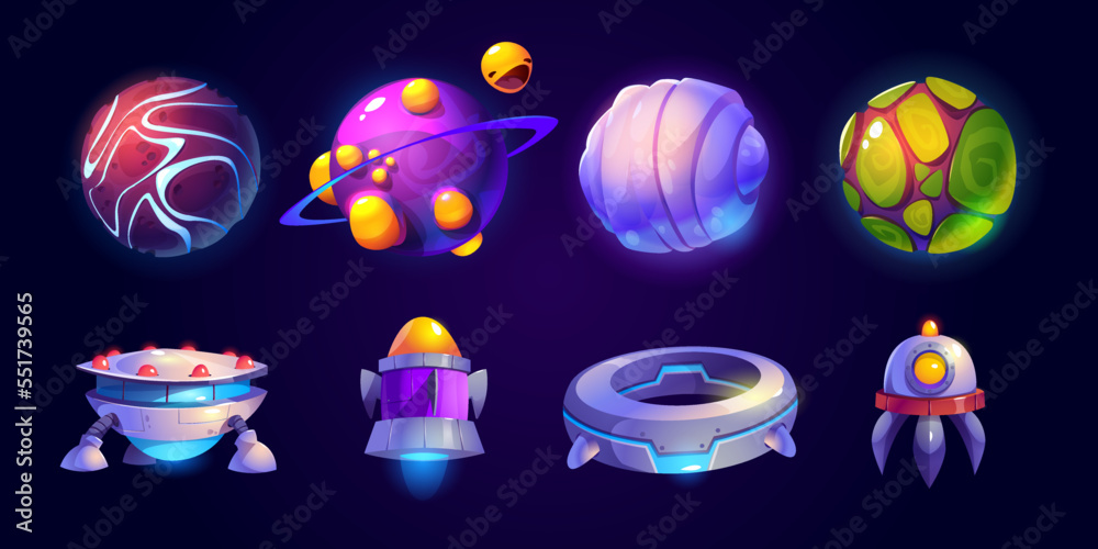 Alien space ships and planets isolated set. Ufo saucers, shuttles and ...