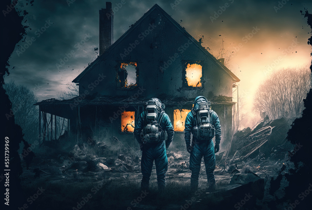 People in a wrecked home in a dark, foreboding environment investigate ...