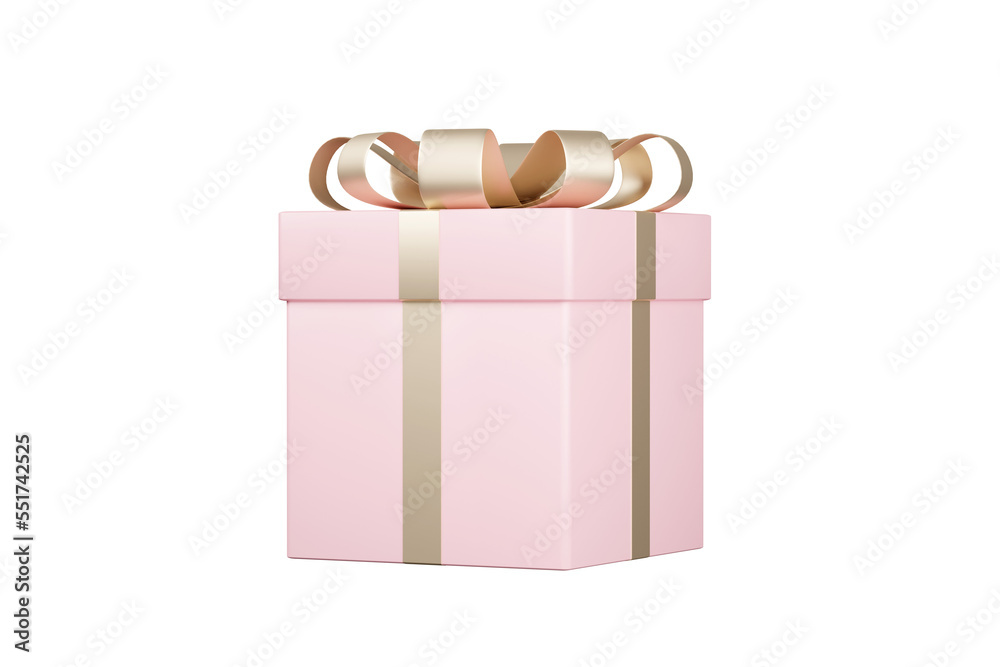 3D rendering single realistic pastel pink gift box with gold ribbon on ...