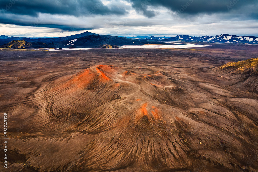 Red volcano crater with moody sky in central of highlands on summer at ...