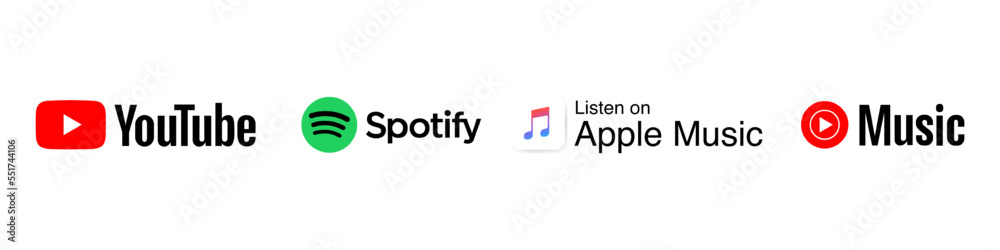 Apple Music, Spotify, YouTube Music, YouTube - a set of logos for popular music streaming ...