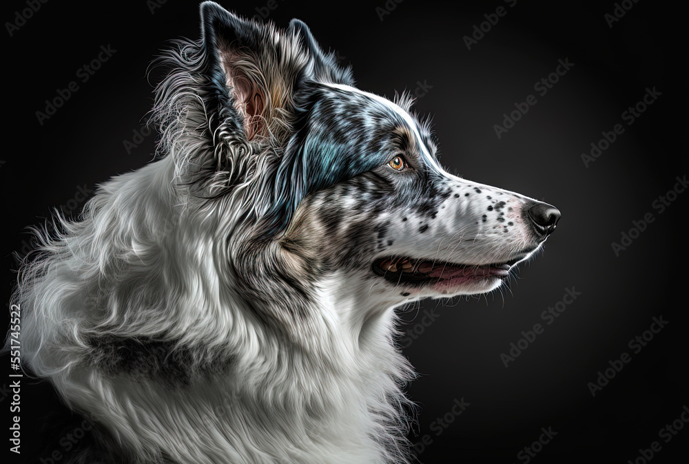 Blue merle border collie with white teeth in side profile. isolated ...