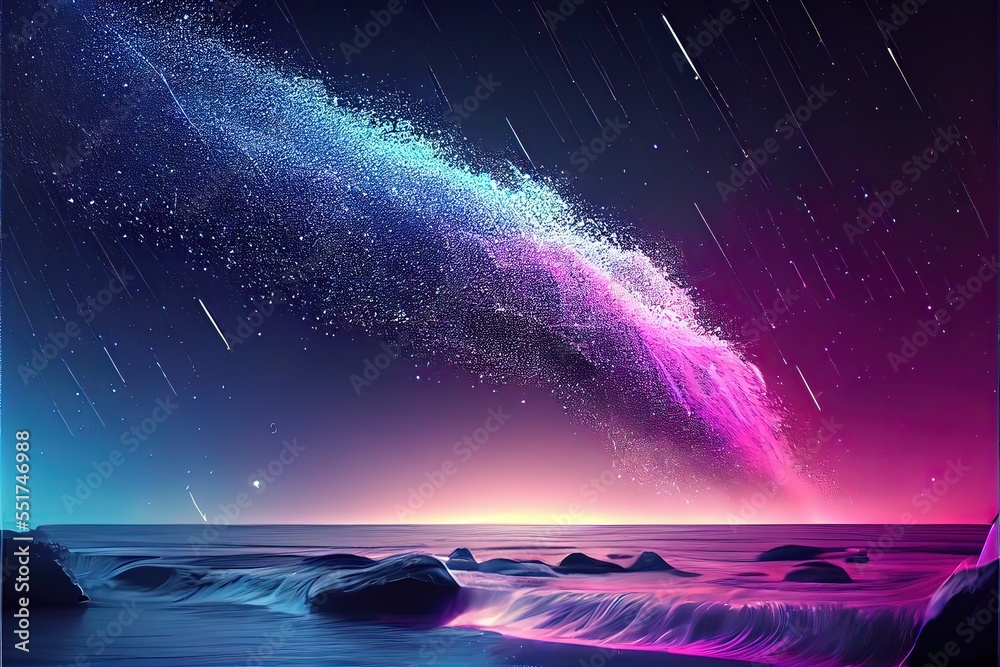 Blue and pink purple meteor shower falls down with glittering particles ...