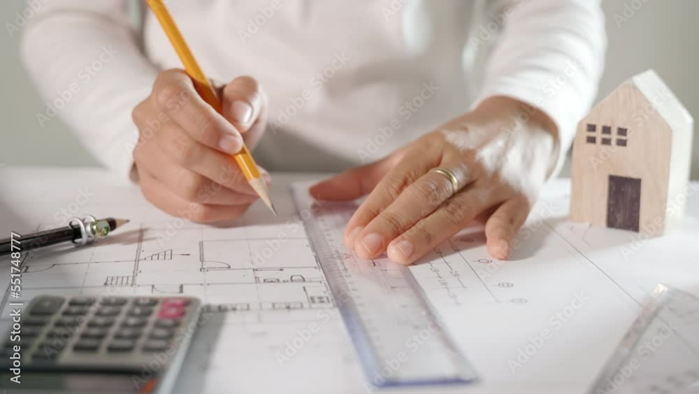 Architectural project workplace. Architect drawing with ruler on house ...