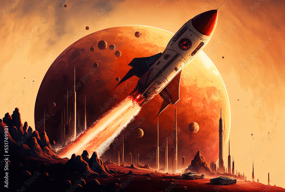 Mars, the red planet, the sunset space expedition, and a spacecraft ...